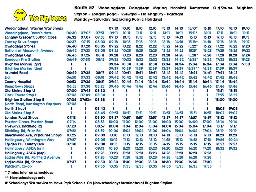52 Timetable Woodingdean – Patcham | The Big Lemon