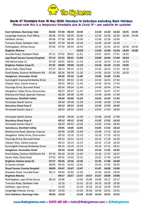 47 Timetable from 18 May 2020 | The Big Lemon