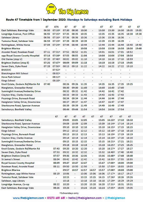 47 timetable from 1 September 2020 | The Big Lemon