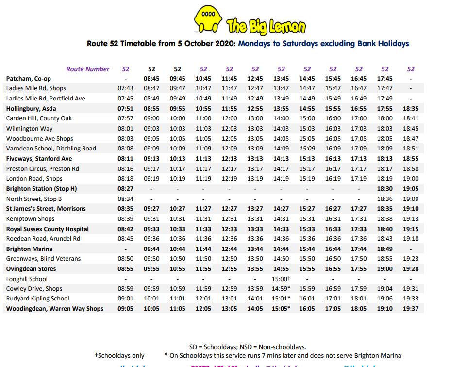52 Timetable – Patcham to Woodingdean | The Big Lemon