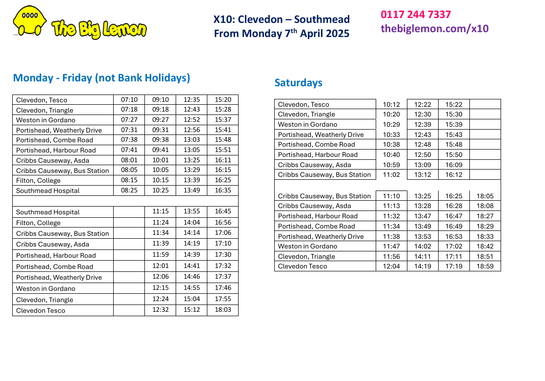 Route X10: Yatton Railway Station – Kenn – Clevedon – Portishead ...