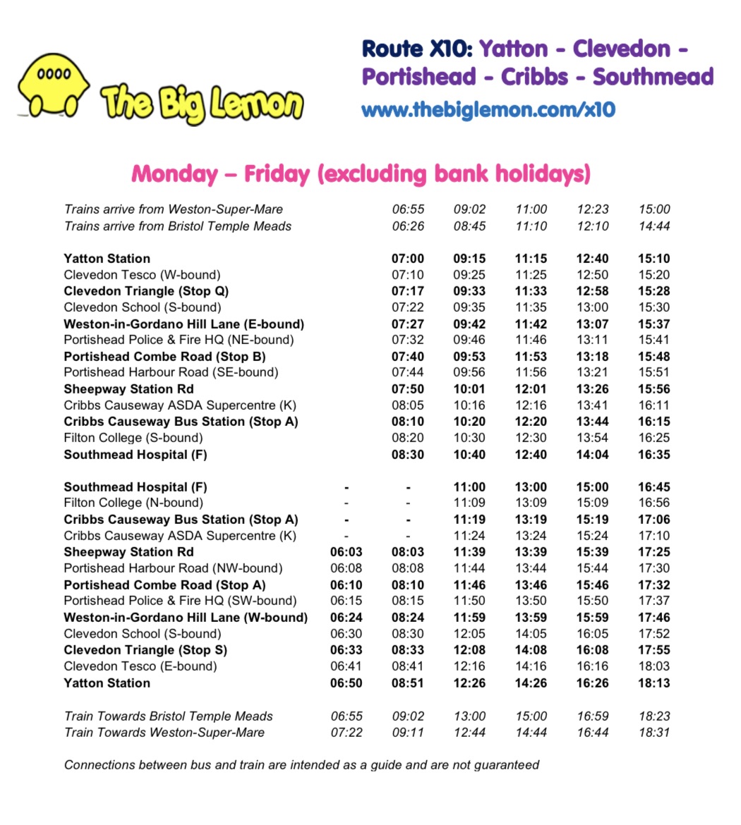 Route X10: Yatton Railway Station – Clevedon – Portishead – Cribbs ...